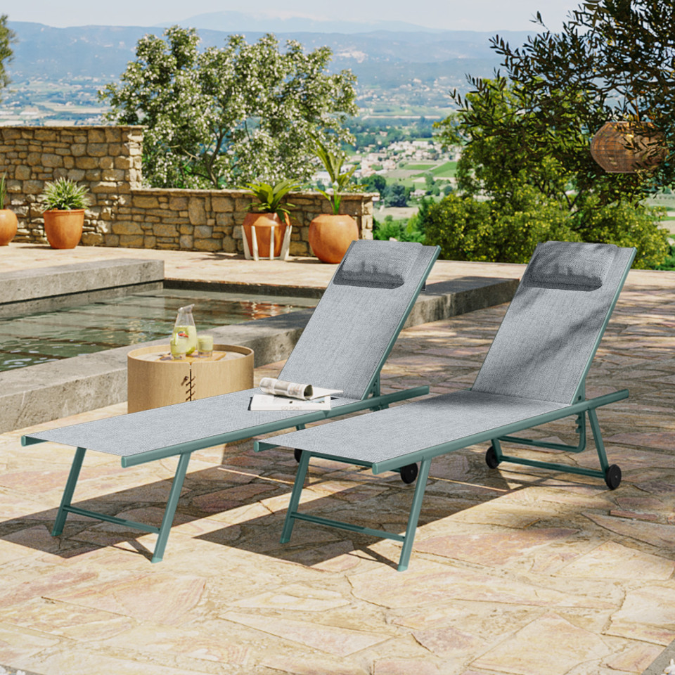 Sunny : Lot de 2 transats inclinables et empilables / Vert-Gris - Avril ...
